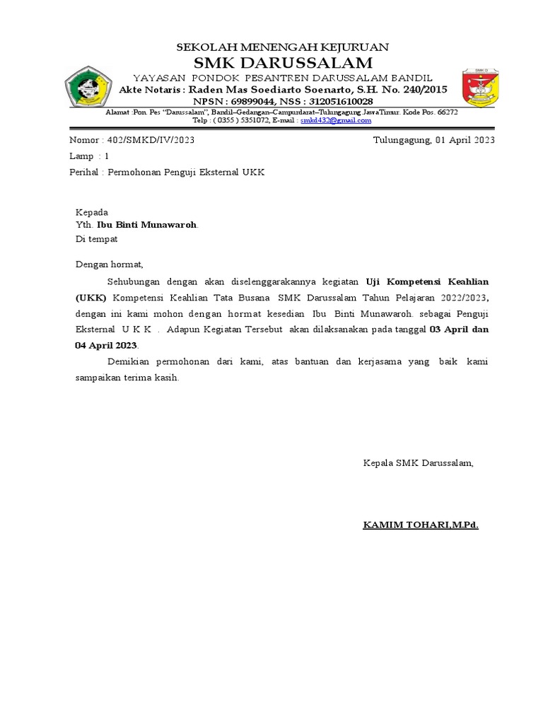 Surat Permohonan Penguji Ukk TB 2023 | PDF