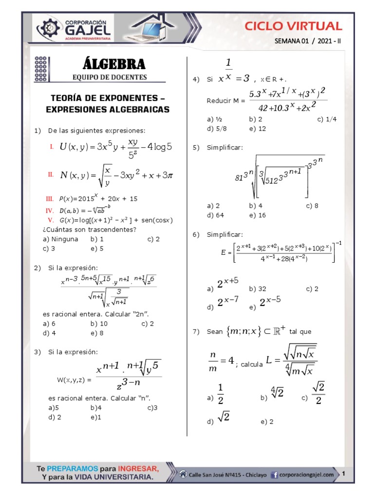 1 Leyes de Exponentes | PDF | Álgebra | Matemáticas De La Computación