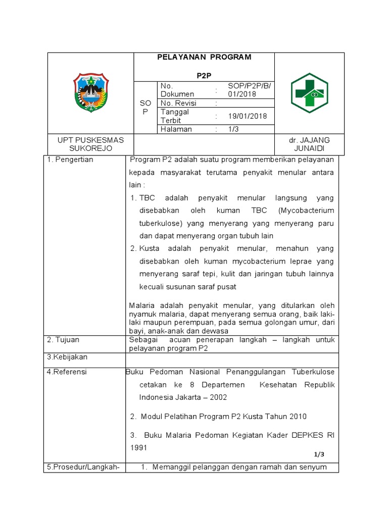 SOP Pelayanan P2P Puskesmas Sukorejo | PDF | Pengembangan Diri | Sains & Matematika