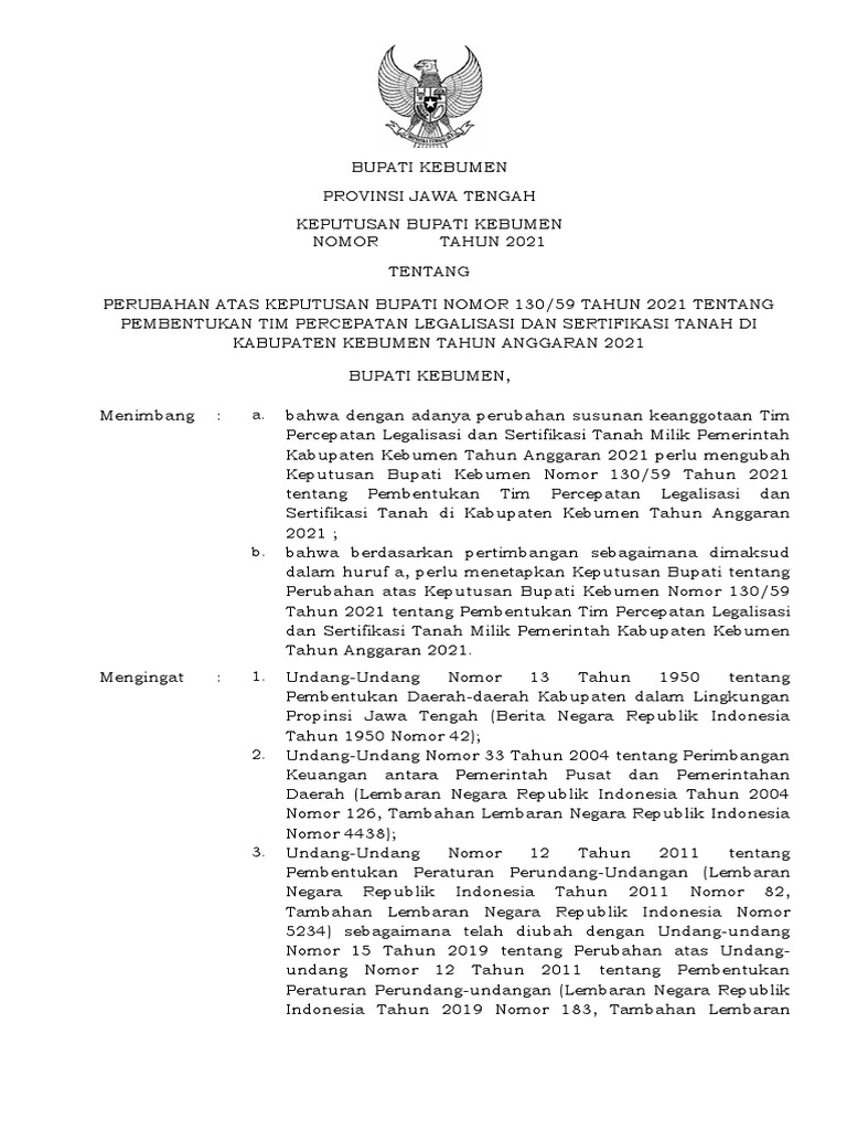 Draft SK Perubahan Atas Keputusan Bupati Nomor Tentang Pembentukan Tim Percepatan Legalisasi Dan ...