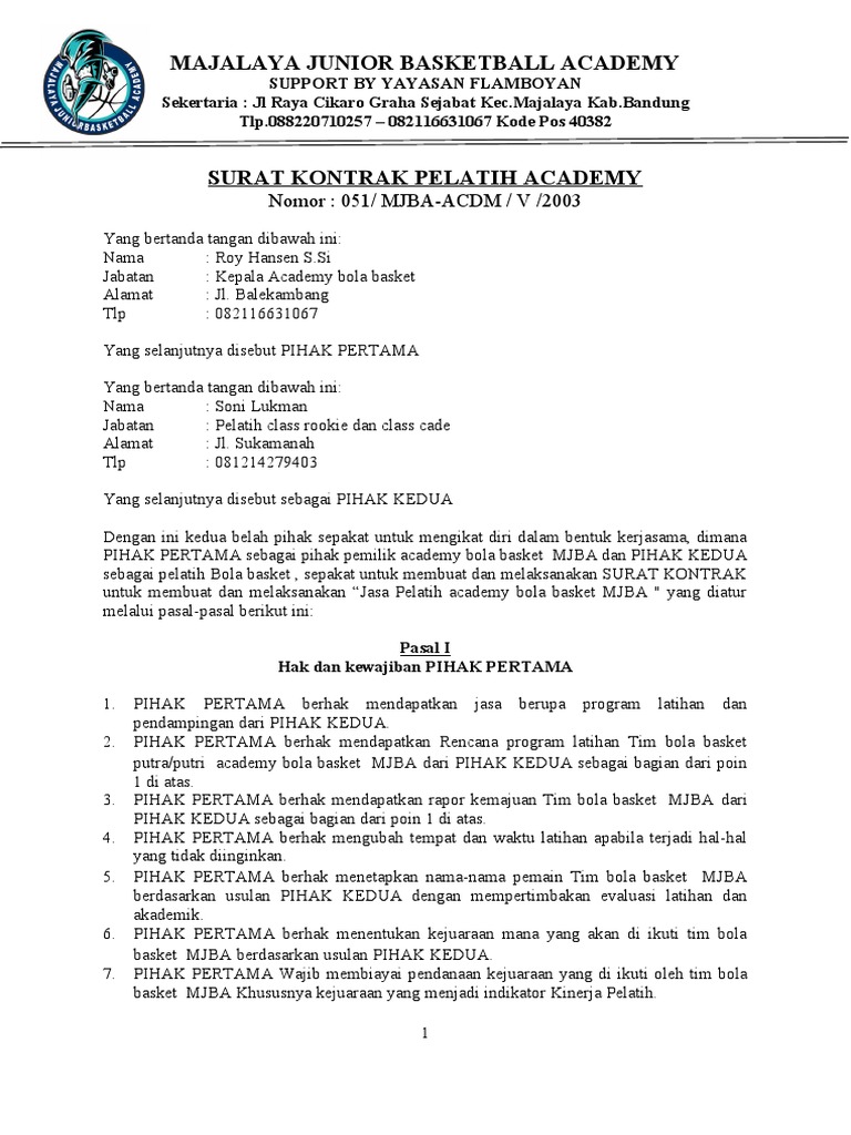 Surat Kontrak Pelatih Soni | PDF