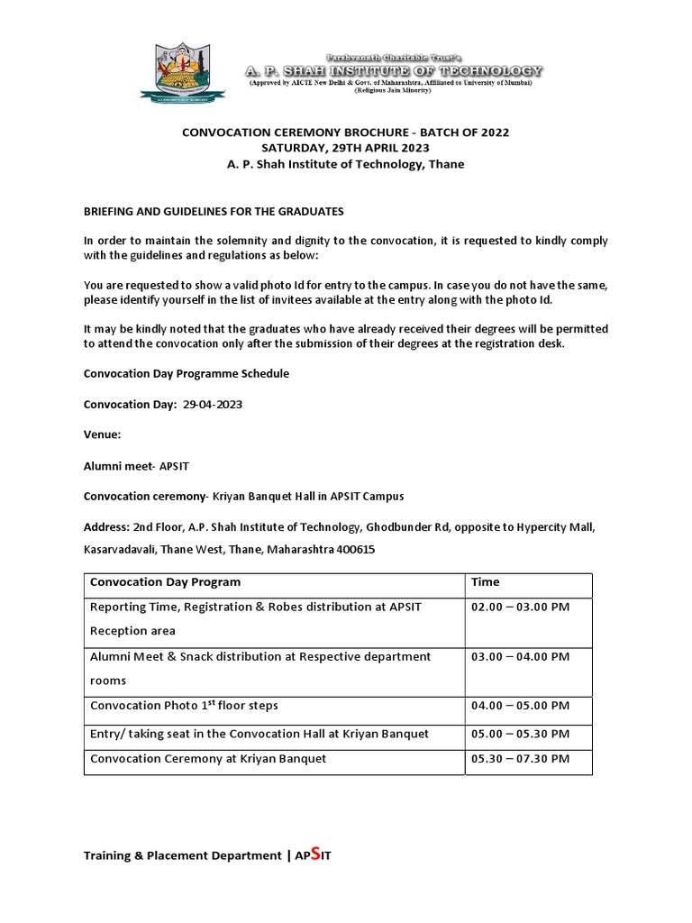 Convocation Brochure For 2022 Batch | PDF