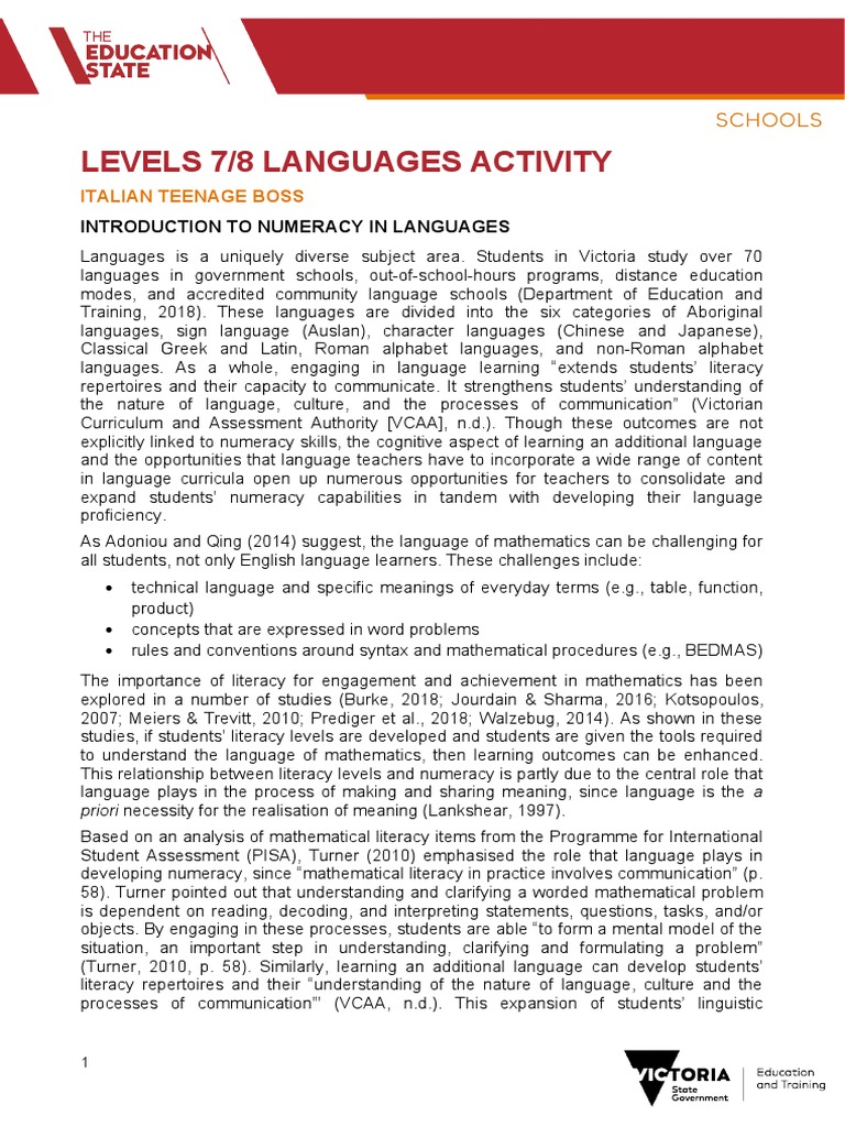 Levels 7 and 8 Introduction To Numeracy in Languages Activity - Italian Teenage Boss | PDF