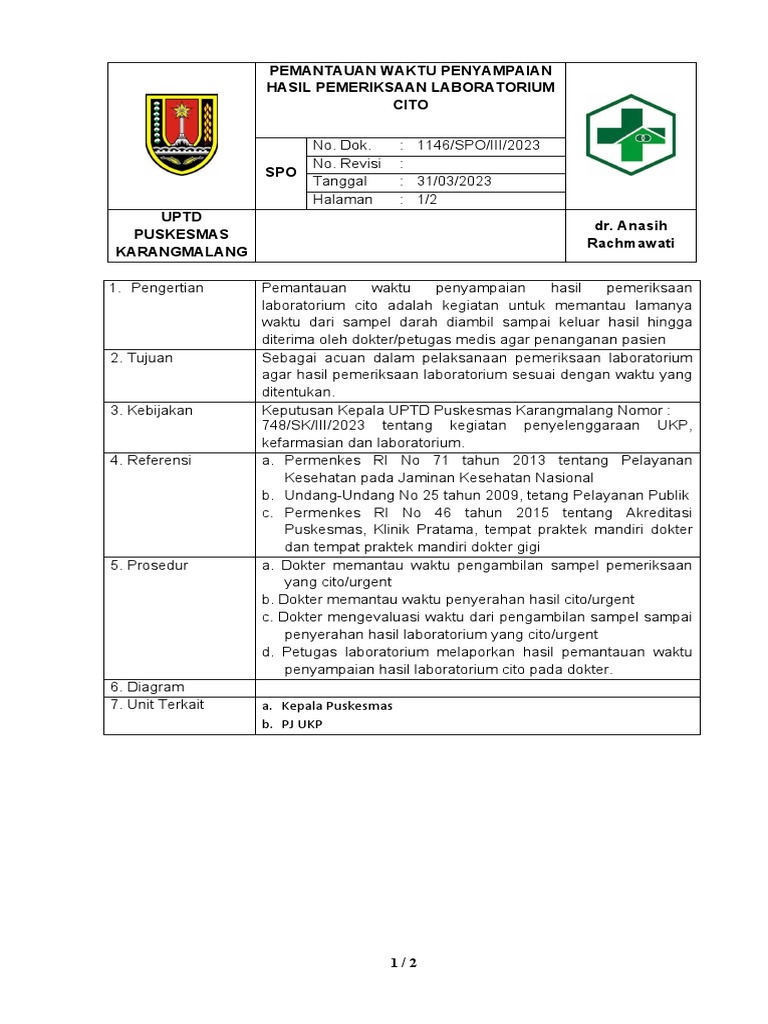 Pemantauan Waktu Penyampaian Hasil Pemeriksaan Laboratorium Cito | PDF