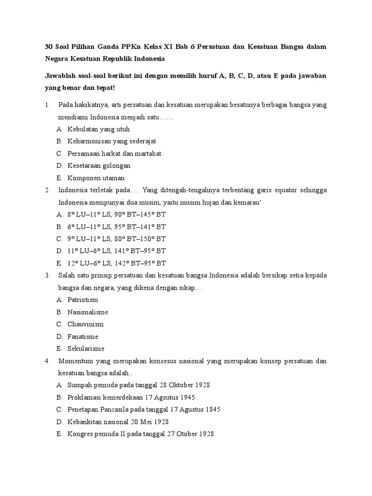 30 Soal Pilihan Ganda PPKN Kelas XI Bab 6 Persatuan Dan Kesatuan Bangsa Dalam Negara Kesatuan ...