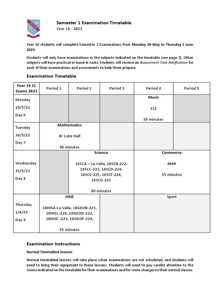 2023 Y10 S1 Exam Timetable | PDF
