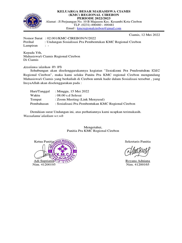 Surat Undangan Sosialisasi Pra KMC | PDF