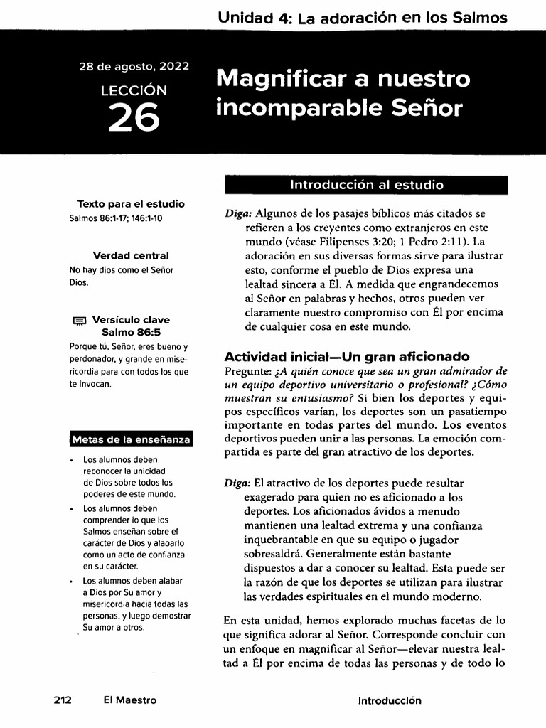 LECCIÓN 26 - Magnificar A Nuestro Incomparable Señor (Maestro) | PDF