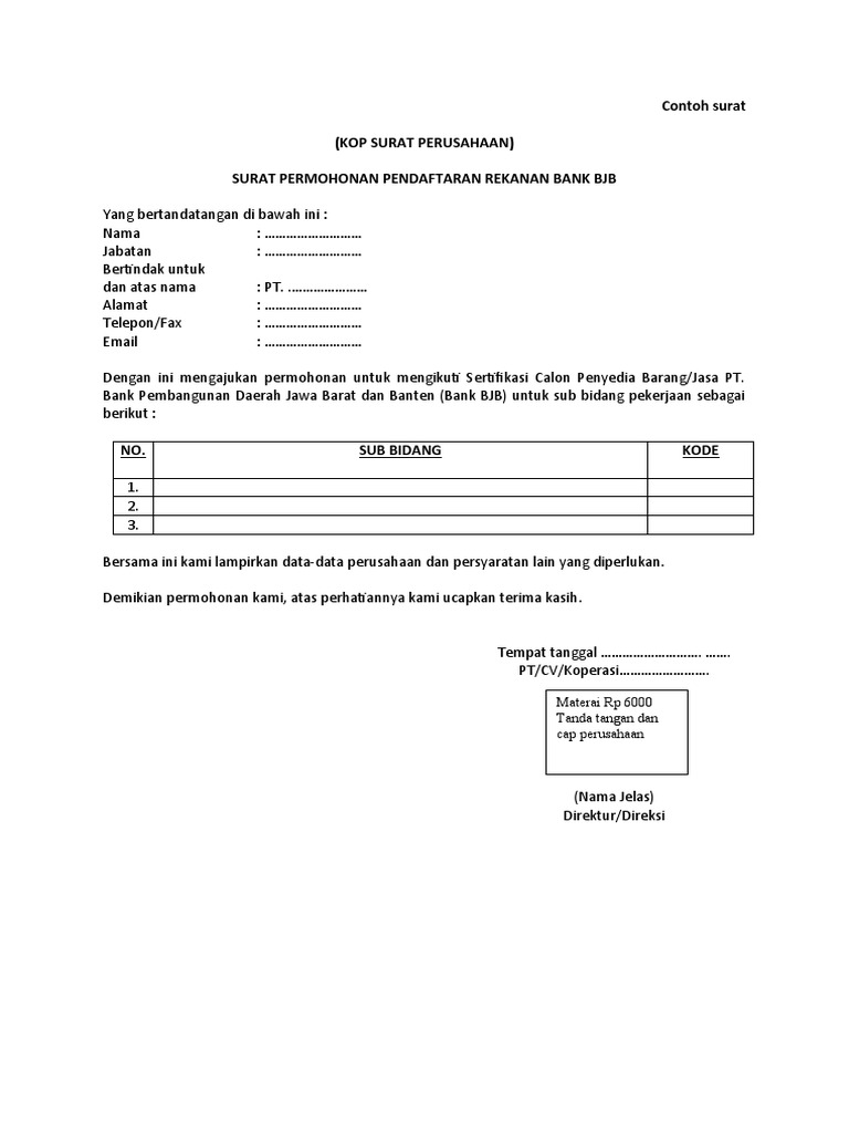 Surat Permohonan Rekanan Bank BJB | PDF | Karier & Perkembangan | Bisnis