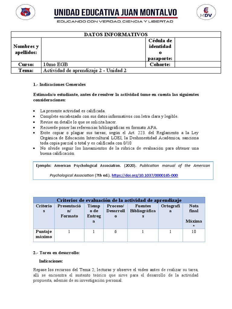 Actividad de Aprendizaje Proyecto Interdisciplinar 10mo - U2 - S2 | PDF