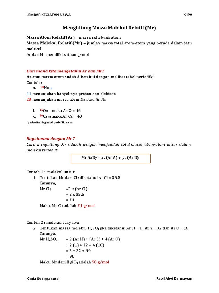 KIMIA Materi 5 Massa Molekul Relatif (MR) | PDF