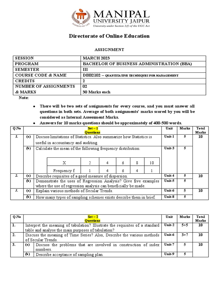 Assignment - DBB2102 - BBA 3 - Set-1 and 2 - March - 2023 | PDF