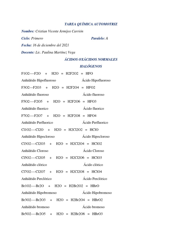Ácidos Oxácidos Normales | PDF | Sustancias químicas | Elementos químicos