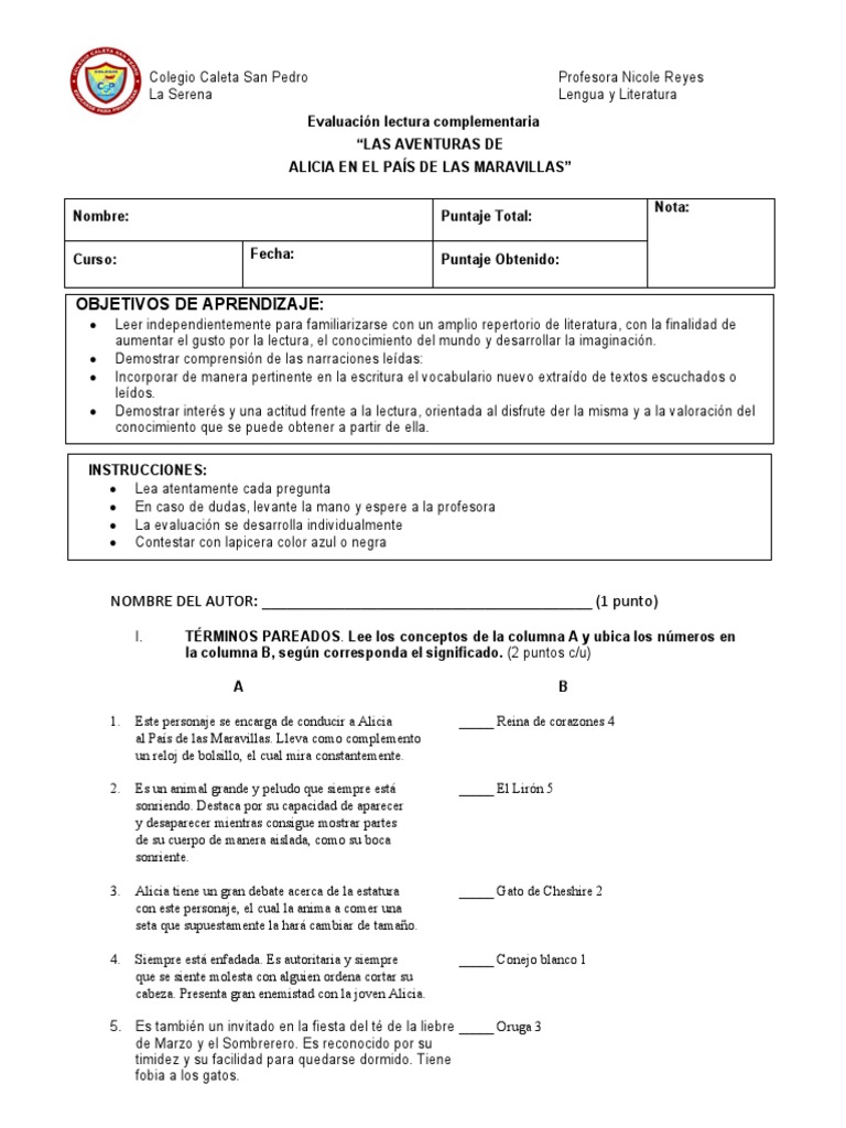 Evaluación de "Alicia en el País de las Maravillas" | PDF | Las ...