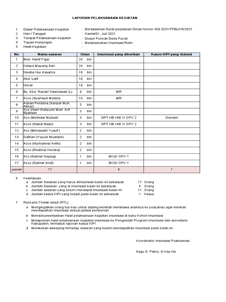 Laporan Pelaksanaan Imunisasi Rutin Juli | PDF | Pengembangan Diri | Kesehatan Holistik