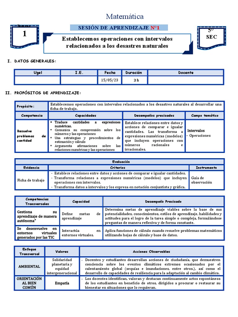 5° SESIÓN DE APRENDIZAJE SESIÓN 1-SEM.1-EXP.3-Matemática | PDF | Aprendizaje | Evaluación