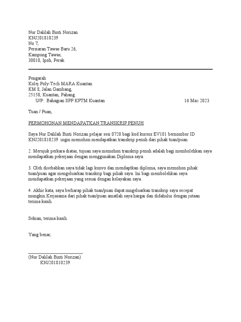 Surat-rasmi-memohon-transkrip (kptm) | PDF