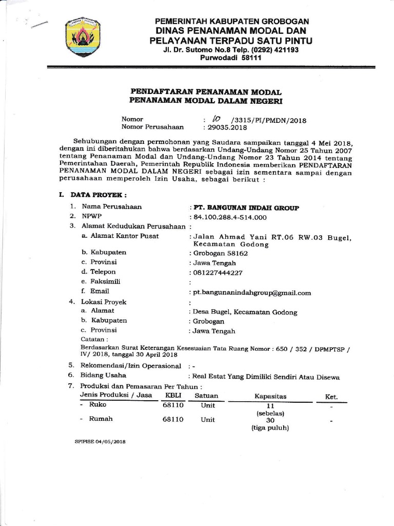 Pendaftaran Penanaman Modal | PDF