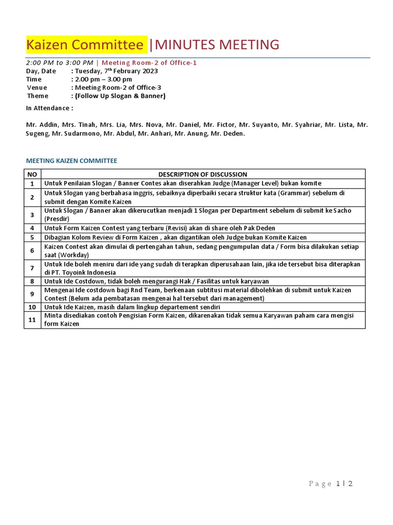 Minutes of Meeting Kaizen Committee | PDF