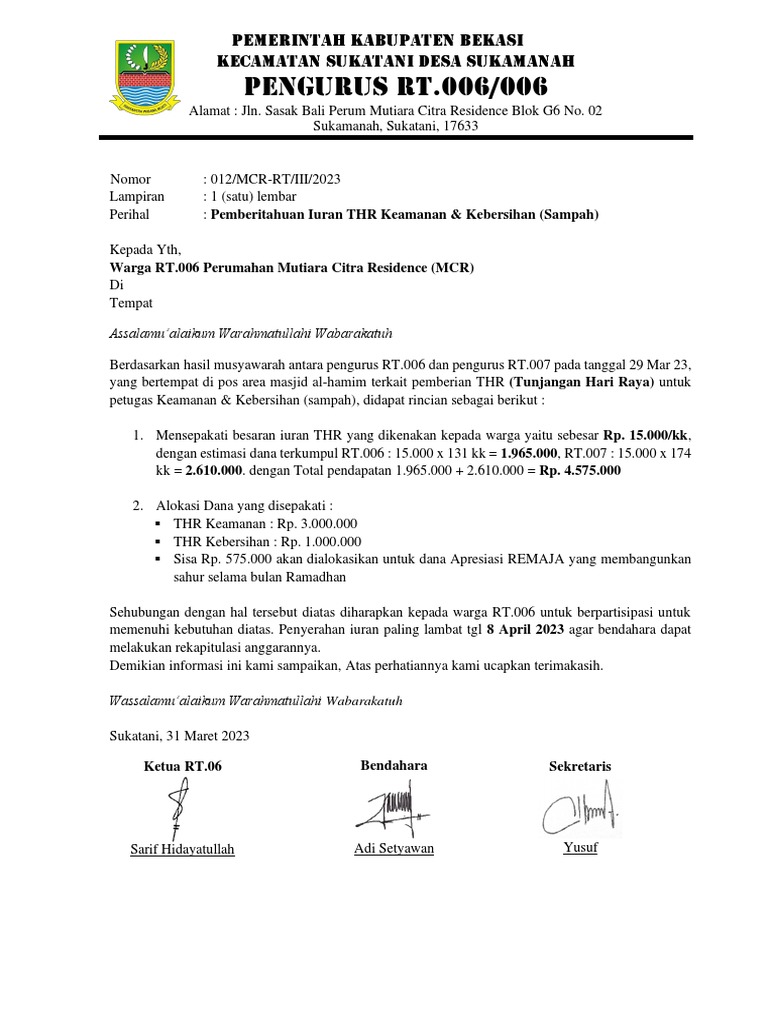 Surat Pemberitahuan Iuran THR 2023-1 | PDF | Pengelolaan Keuangan & Uang