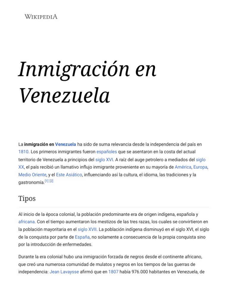 Inmigración en Venezuela - Wikipedia, La Enciclopedia Libre | PDF ...