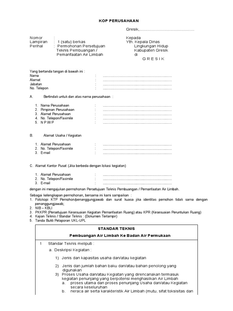 Form Permohonan Pertek Air Limbah - Pembuangan ke Badan Air Permukaan ...
