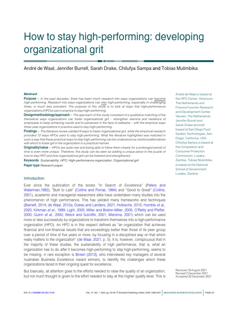 De Waal Et Al. (2023) How To Stay High Performing Developing Grit (How ...
