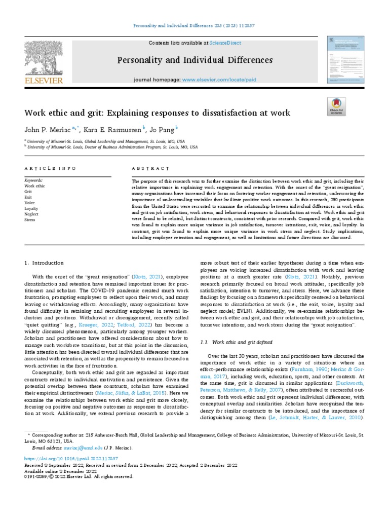 Meriac (2023) - Work Ethic and Grit, Work Dissatisfaction | PDF | Grit ...