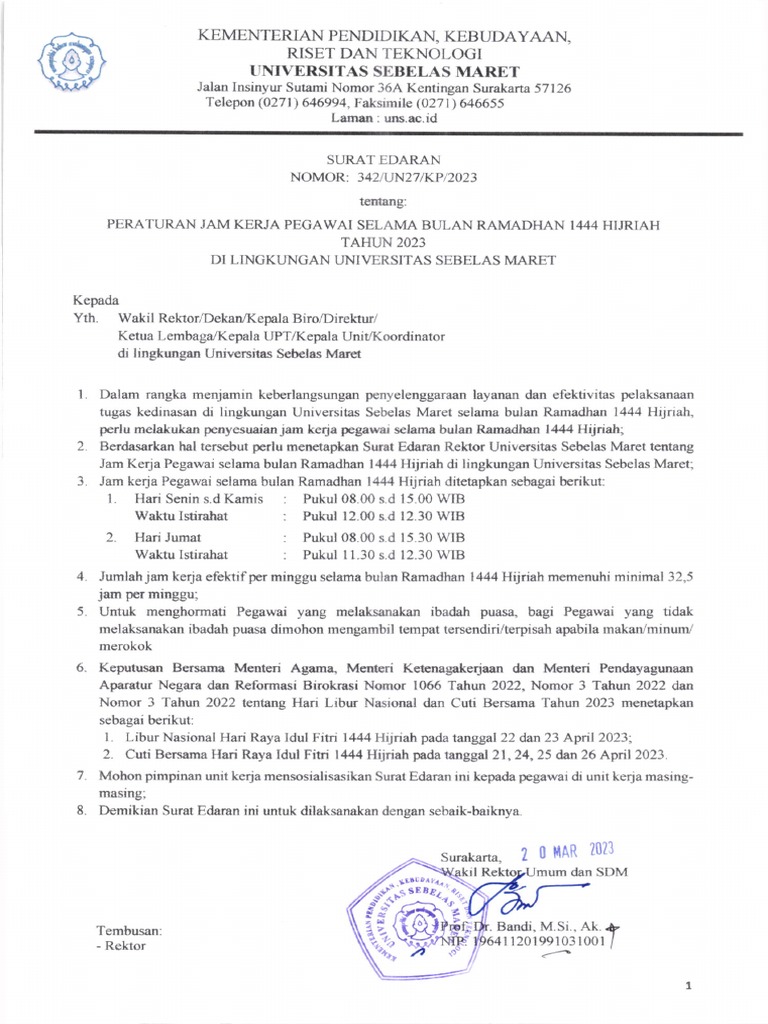 Surat Edaran Jam Kerja Ramadhan 1444 H TH 2023 | PDF