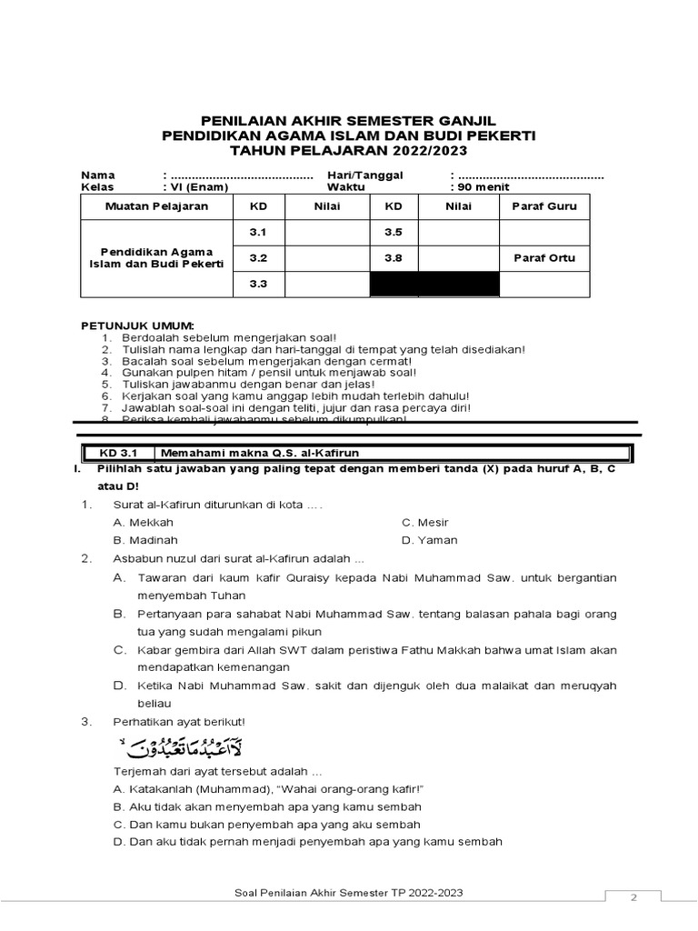 Kelas 6-Soal Pas Pai TP 2022-2023 Balitbang | PDF