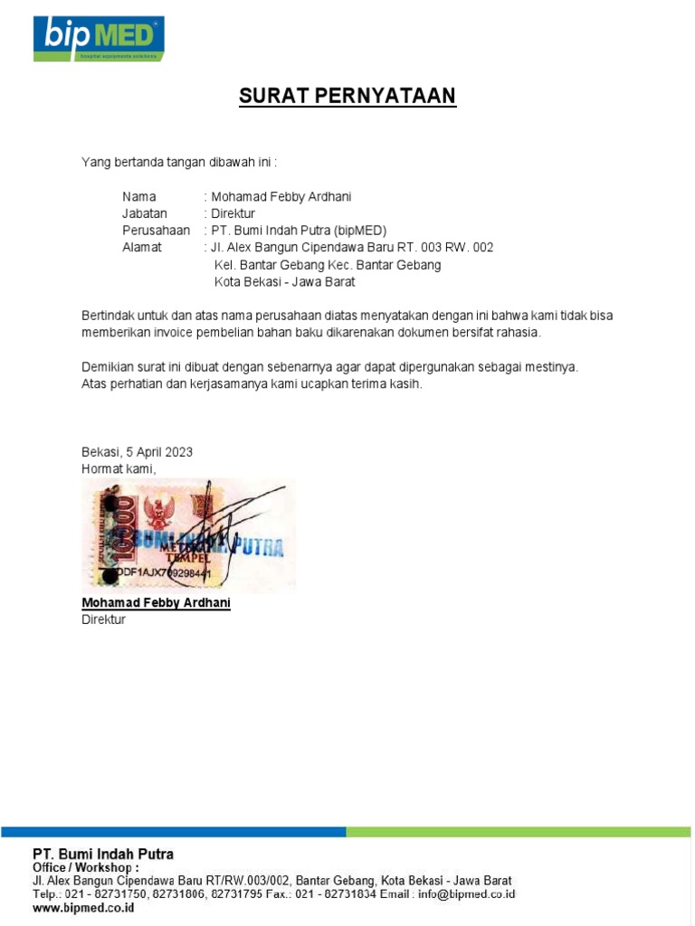 Surat Pernyataan Bahan Baku | PDF