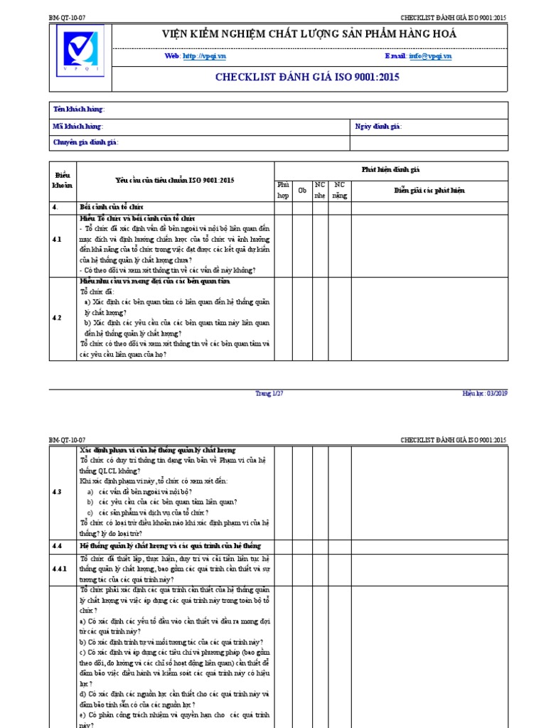 BM-QT-10-07 Checklist ISO 9K (Theo Thứ Tự) | PDF