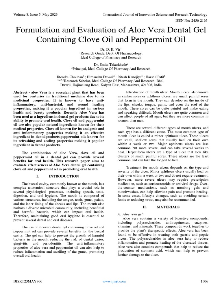 Formulation and Evaluation of Aloe Vera Dental Gel Containing Clove Oil ...