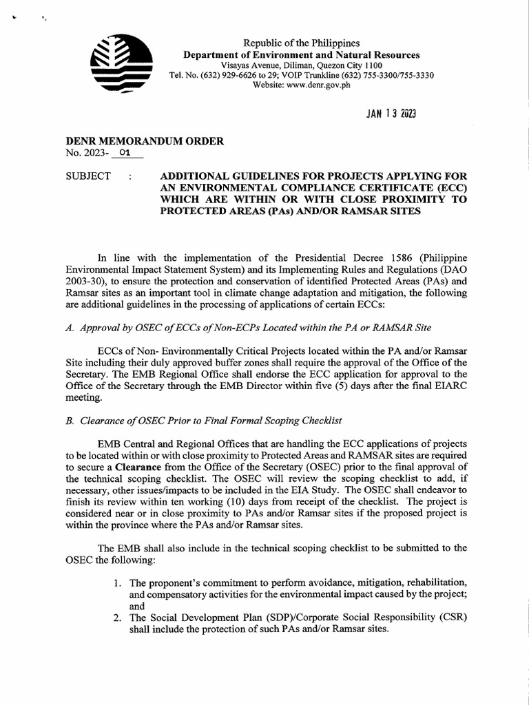 DENR-Memorandum-Order-2023-01 - NEAR PA & RAMSAR SITE | PDF