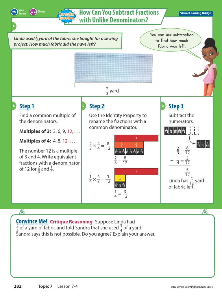 Envision Lesson 7.4 Subtract Fractions With Unlike Denominators | PDF ...