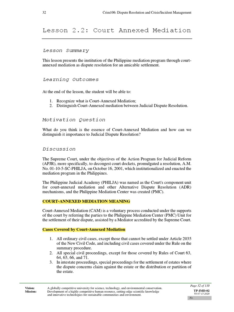Court Annexed Mediation and Judicial Dispute Resolution MODULE ...