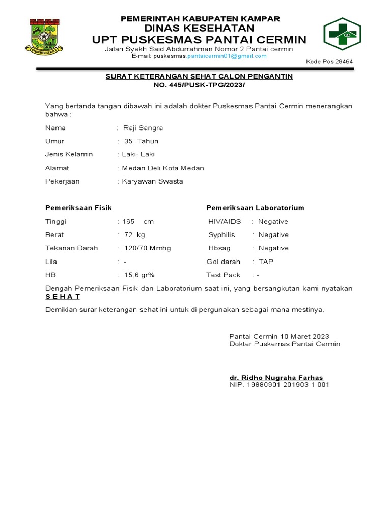 Surat Keterangan Sehat Catin | PDF