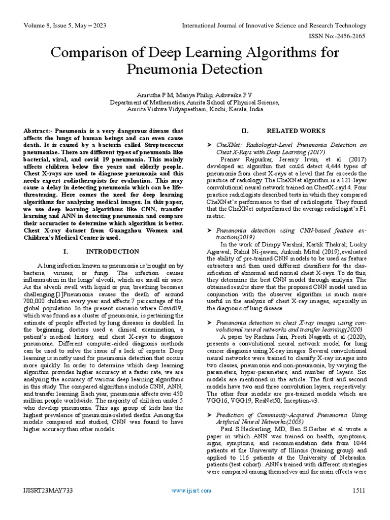 Comparison of Deep Learning Algorithms For Pneumonia Detection | PDF ...