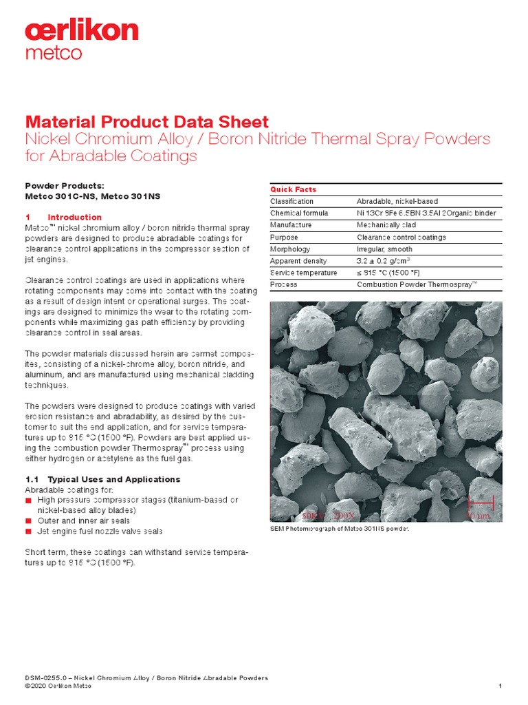 Metco - Thermal Spray Powders (Nickel Chromium Alloy Boron Nitride ...