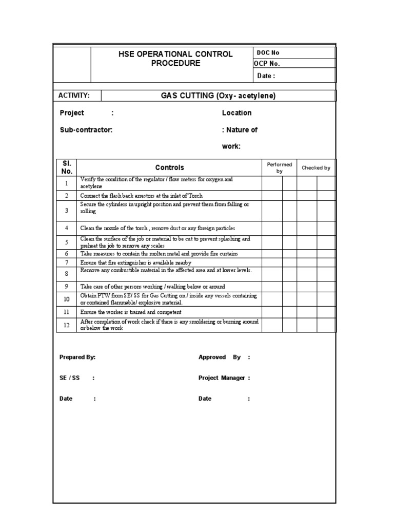 HSE Operational Control Procedure For Gas Cutting Oxy-Acetylene | PDF