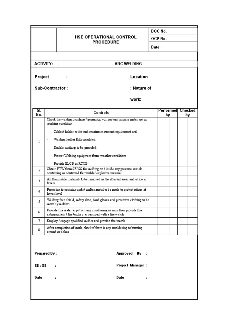 HSE Operational Control Procedure For Arc Welding | PDF