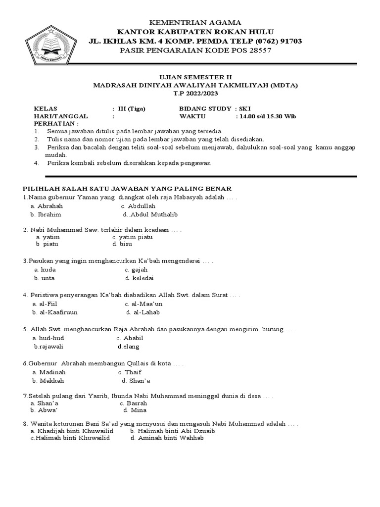 Soal Fiqih Kelas 3 MDTA Semester II | PDF