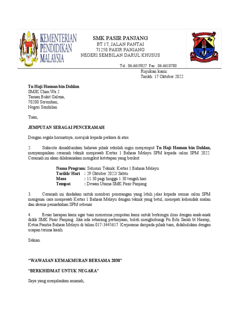 CONTOH Surat Jemputan Ceramah | PDF