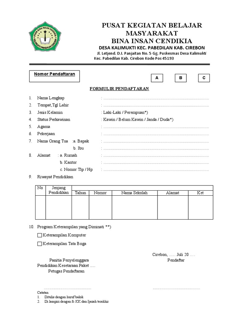 Formulir Pendaftaran Siswa Baru PKBM | PDF