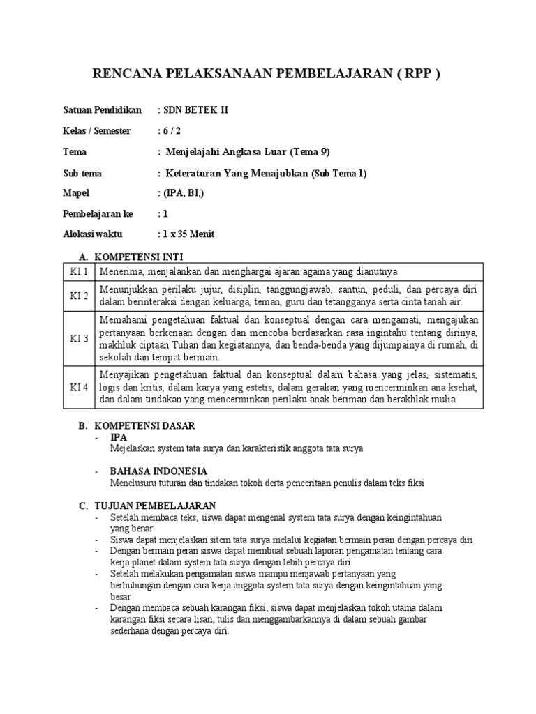 RPP Pembelajaran Tata Surya Kelas 6 | PDF