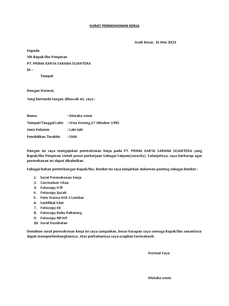 Surat Permohonan Kerja | PDF