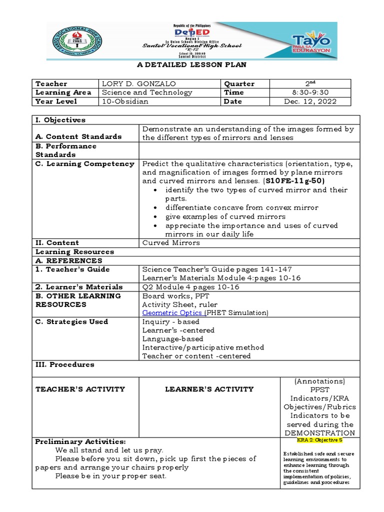 Curved Mirror - Detaileed Lesson Plan | PDF | Mirror | Optics