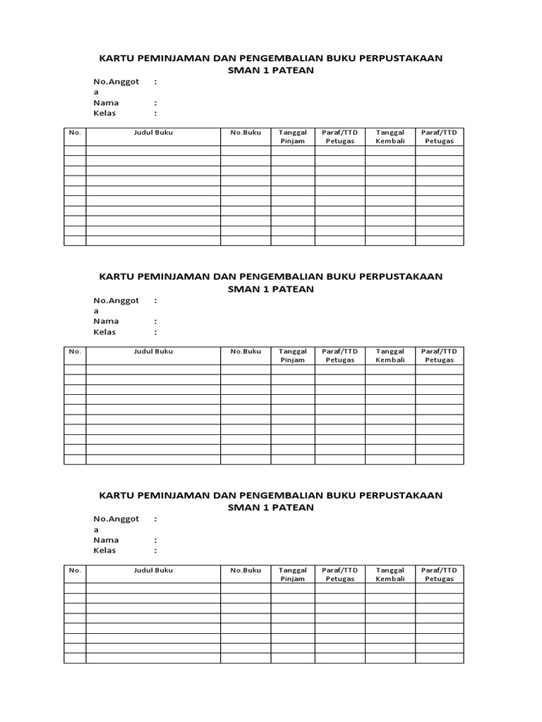 Kartu Peminjaman Perpustakaan SMAN 1 | PDF | Memasak, Makanan, & Anggur
