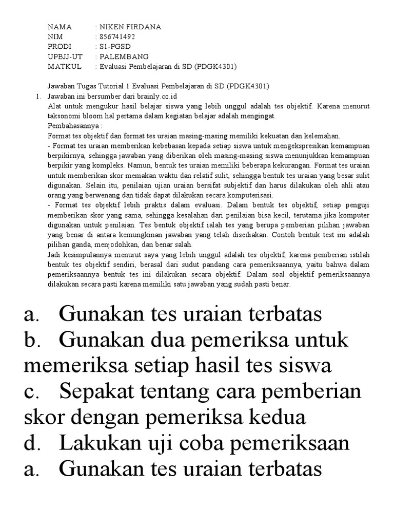Tugas 1 Evaluasi Pembelajaran Di SD (PDGK4301) | PDF