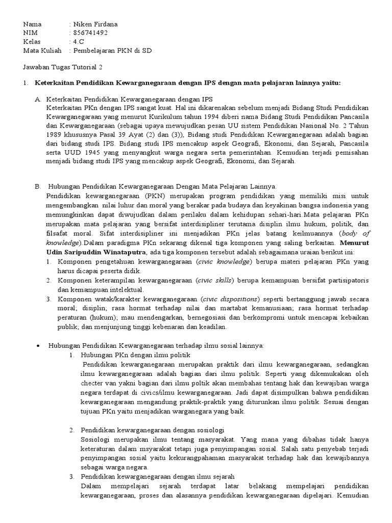 Tugas 2 Pembelajaran PKN Di SD | PDF | Sains & Matematika